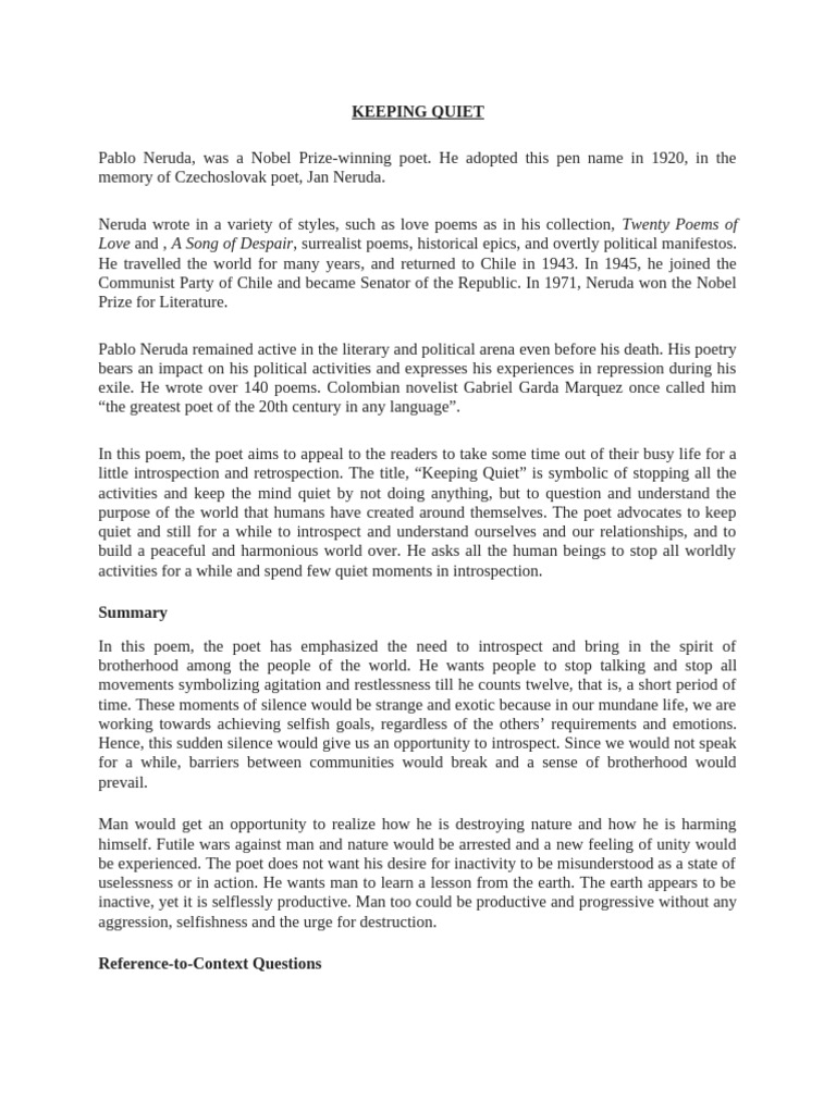 Twenty Poems of Love A Song of Despair: Keeping Quiet | PDF