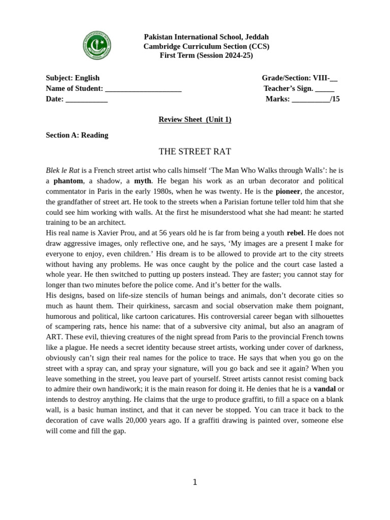 Review Sheet Unit 1 | PDF