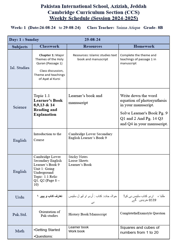Grade 8B-Weekly Schedule-Week 1 | PDF