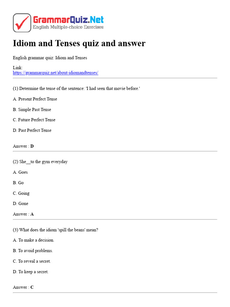 Idiom and Tenses Quiz and Answer | PDF