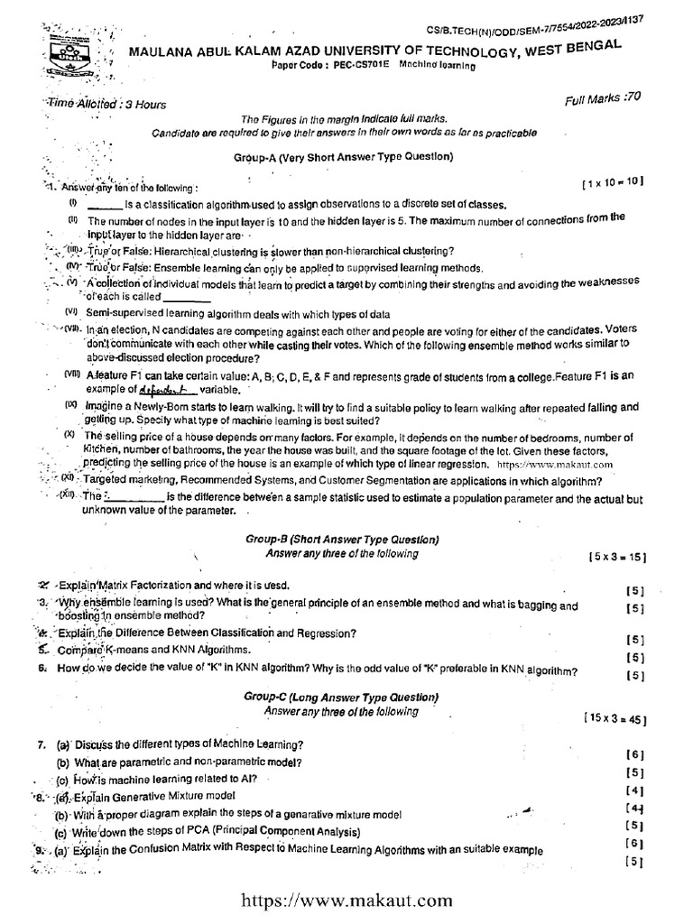 Btech Pec Cse 7 Sem Machine Learning Pec Cs701e 2023 | PDF
