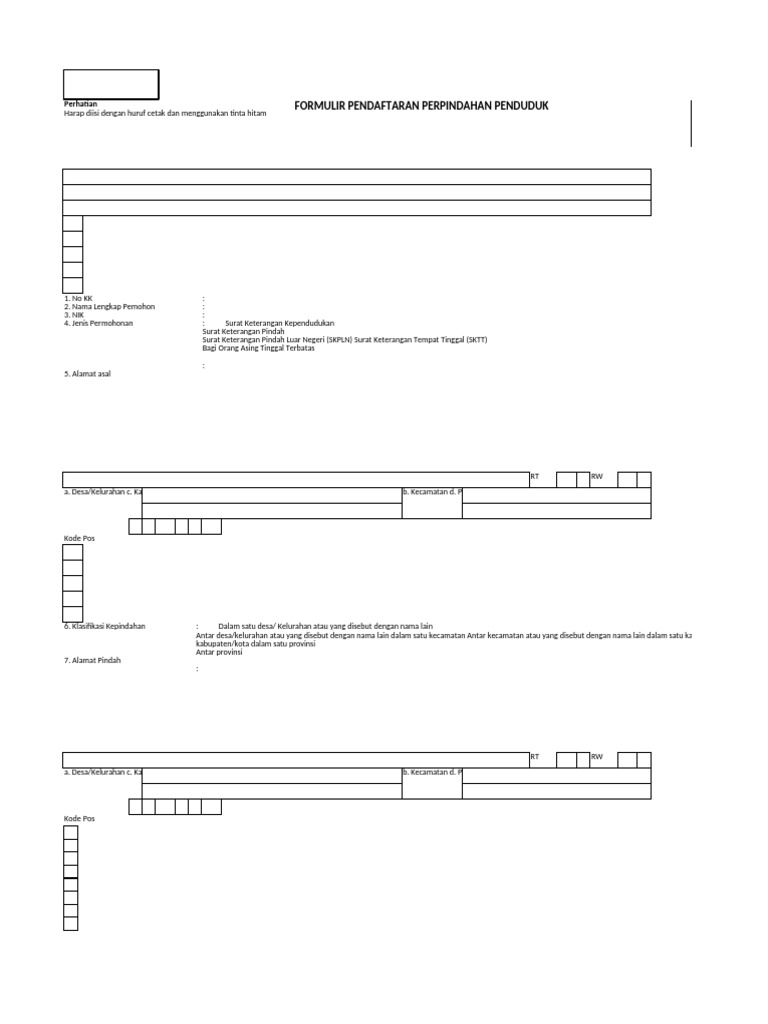 Formulir Pendaftaran Perpindahan Penduduk: Perhatian | PDF