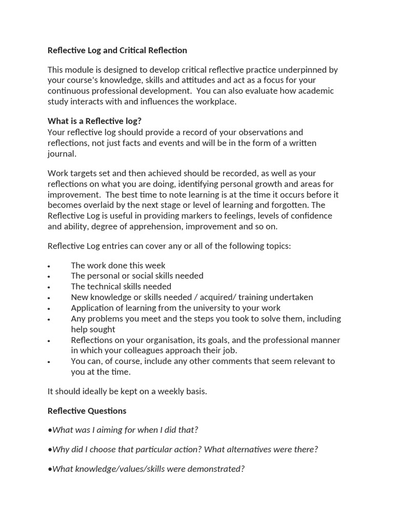Reflective Log and Critical Thinking | PDF