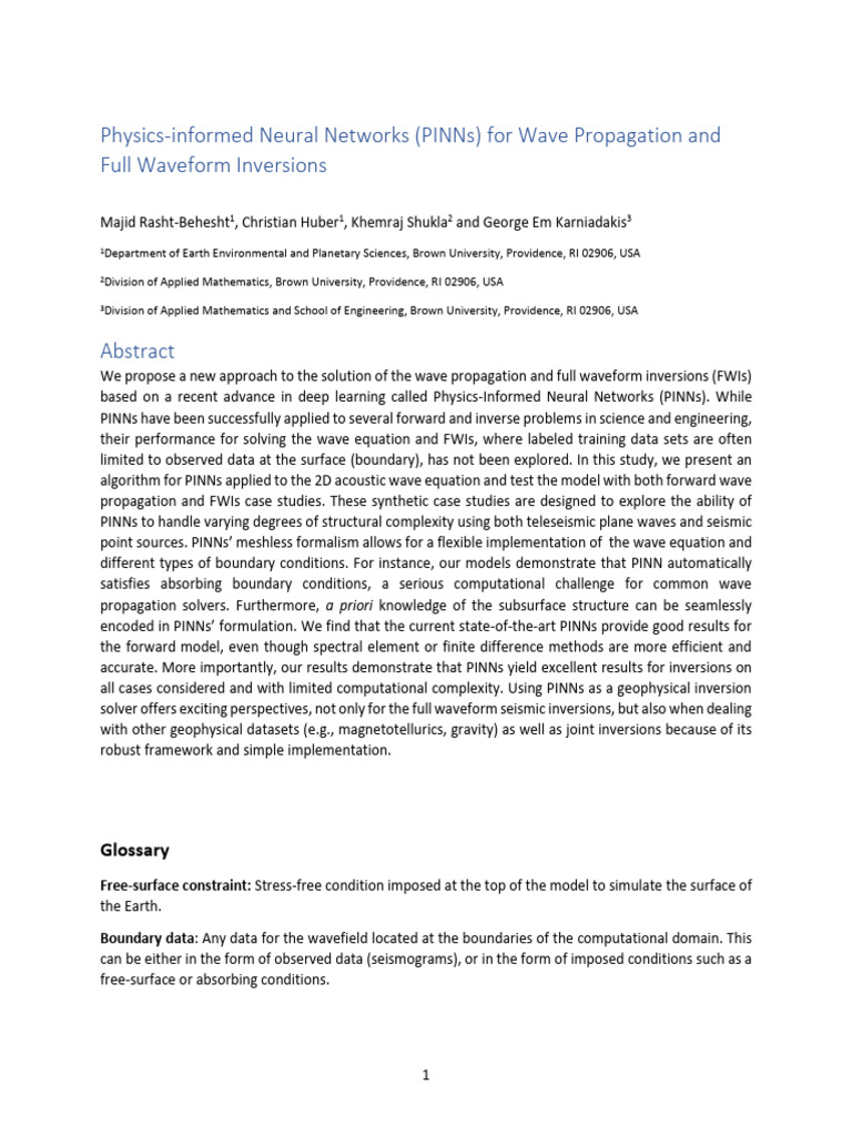 Physics-Informed Neural Networks (Pinns) For Wave Propagation and Full Waveform Inversions | PDF