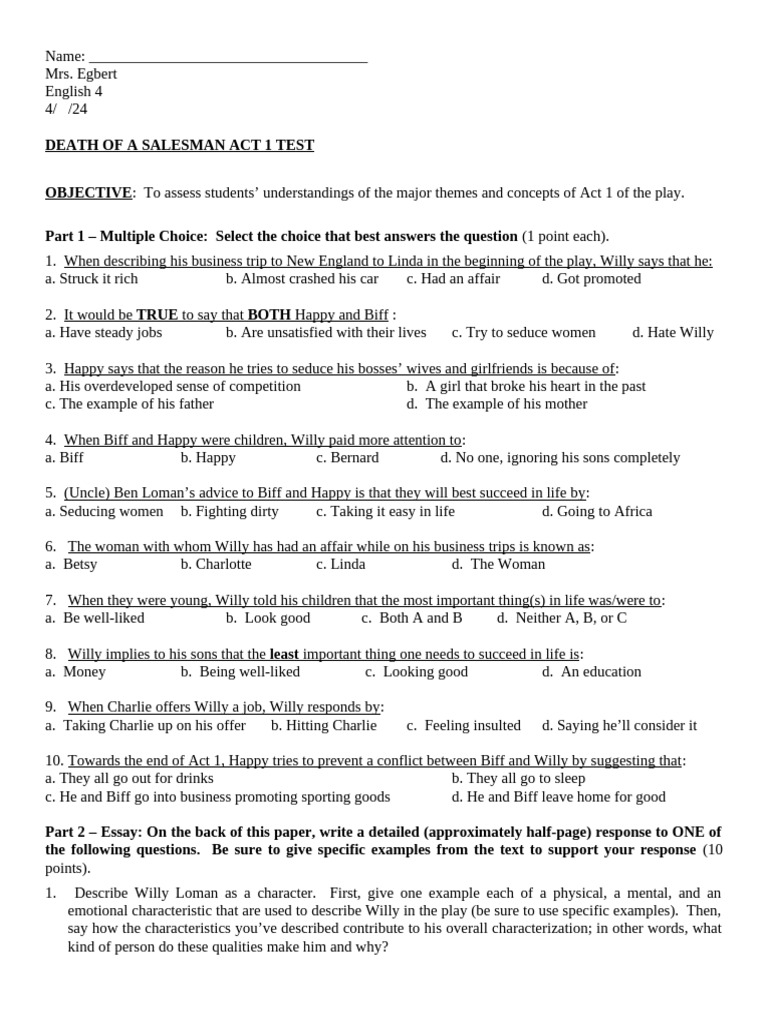 April 28 Death of A Salesman Act 1 Test-Sor | PDF