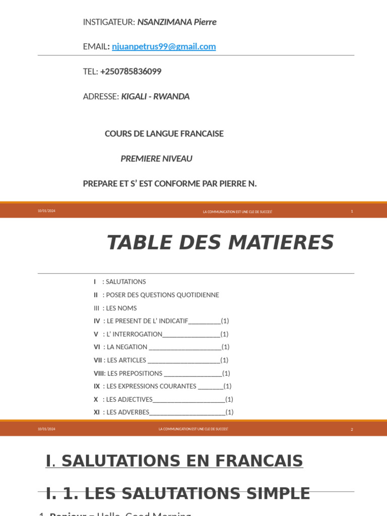 Class 1 French Notes | PDF