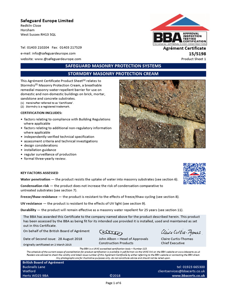Stormdry Masonry Protection Cream Bba Certificate | PDF
