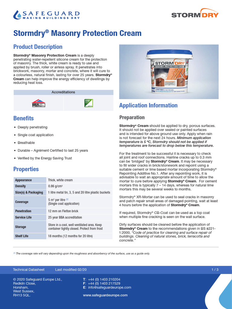Stormdry Masonry Protection Cream Datasheet | PDF