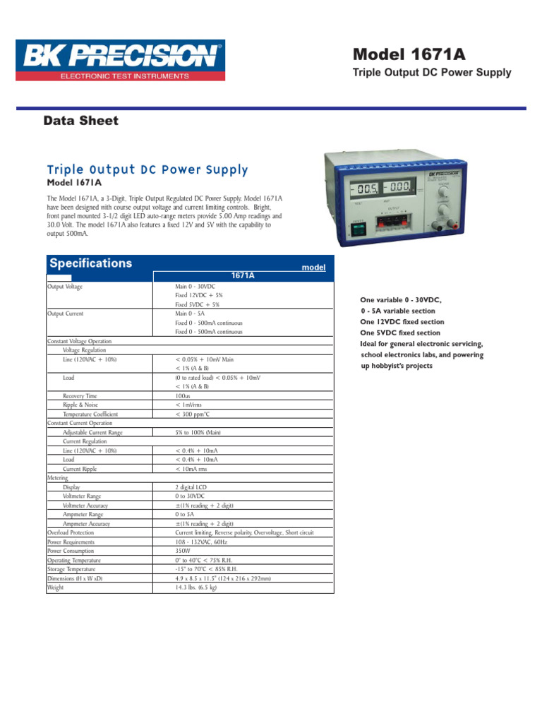 Data Sheet Precision Model 1671a | PDF | Power Supply | Voltage