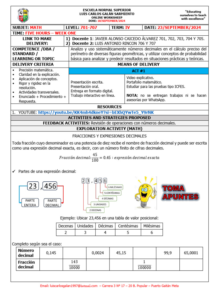2024 701 Mat Act 1 Números Decimales | PDF
