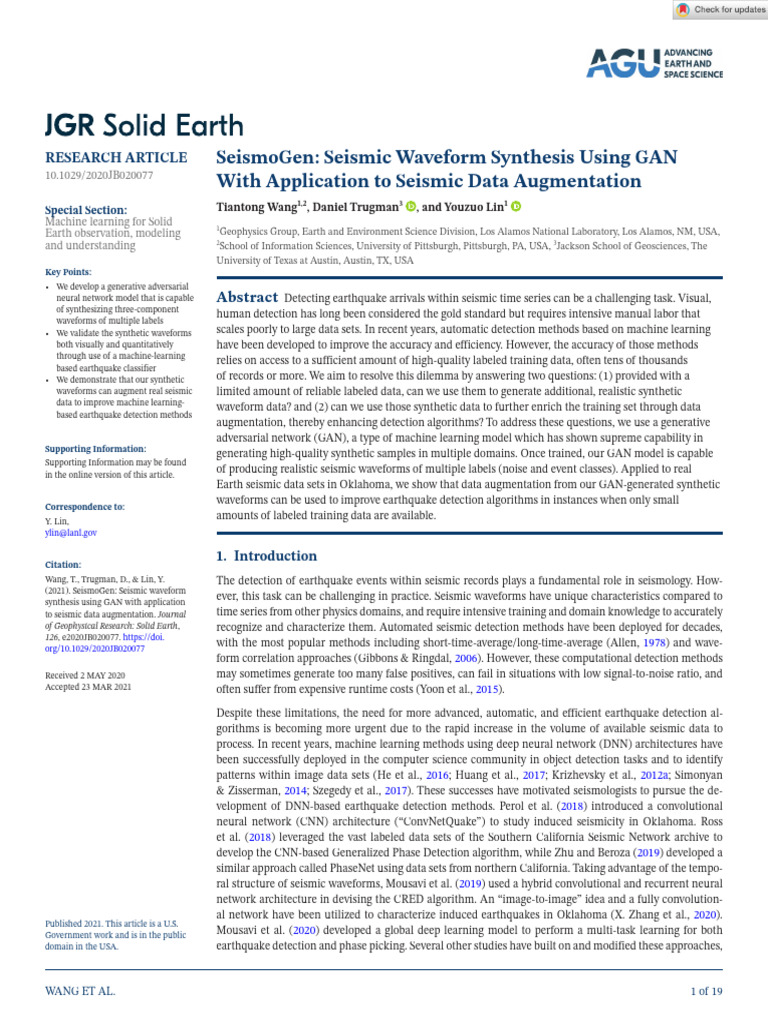 JGR Solid Earth - 2021 - Wang - SeismoGen Seismic Waveform Synthesis Using GAN With Application ...