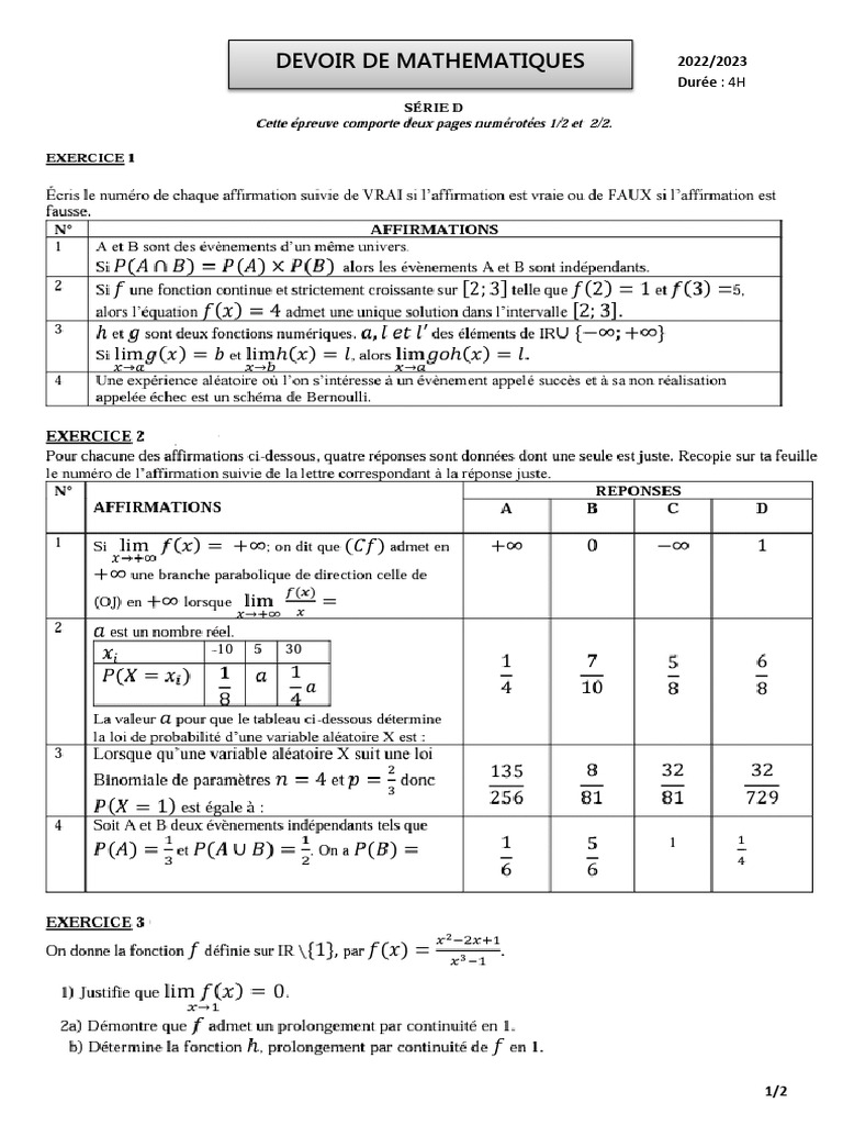 Devoir de Maths 1 Cours Du Soir | PDF