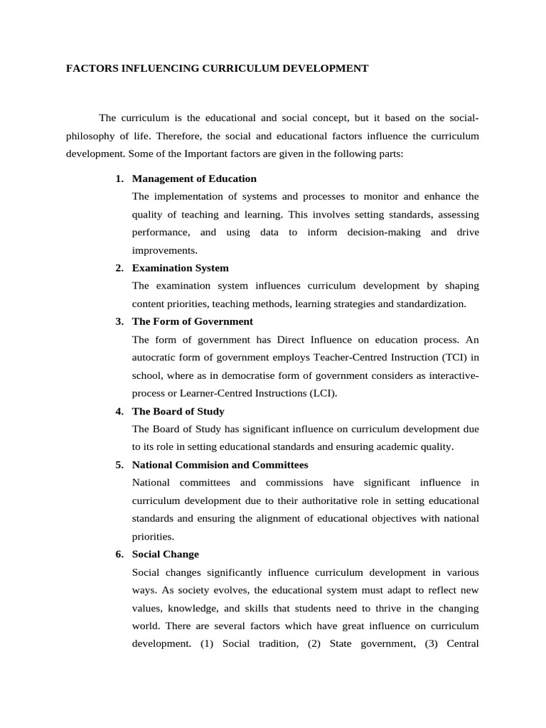 Factors Influencing Curriculum Development | PDF