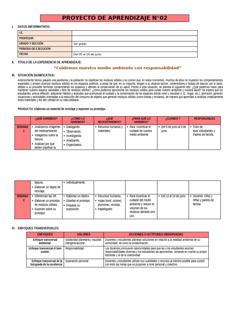 1° Grado - Proyecto de Aprendizaje N°02 | PDF