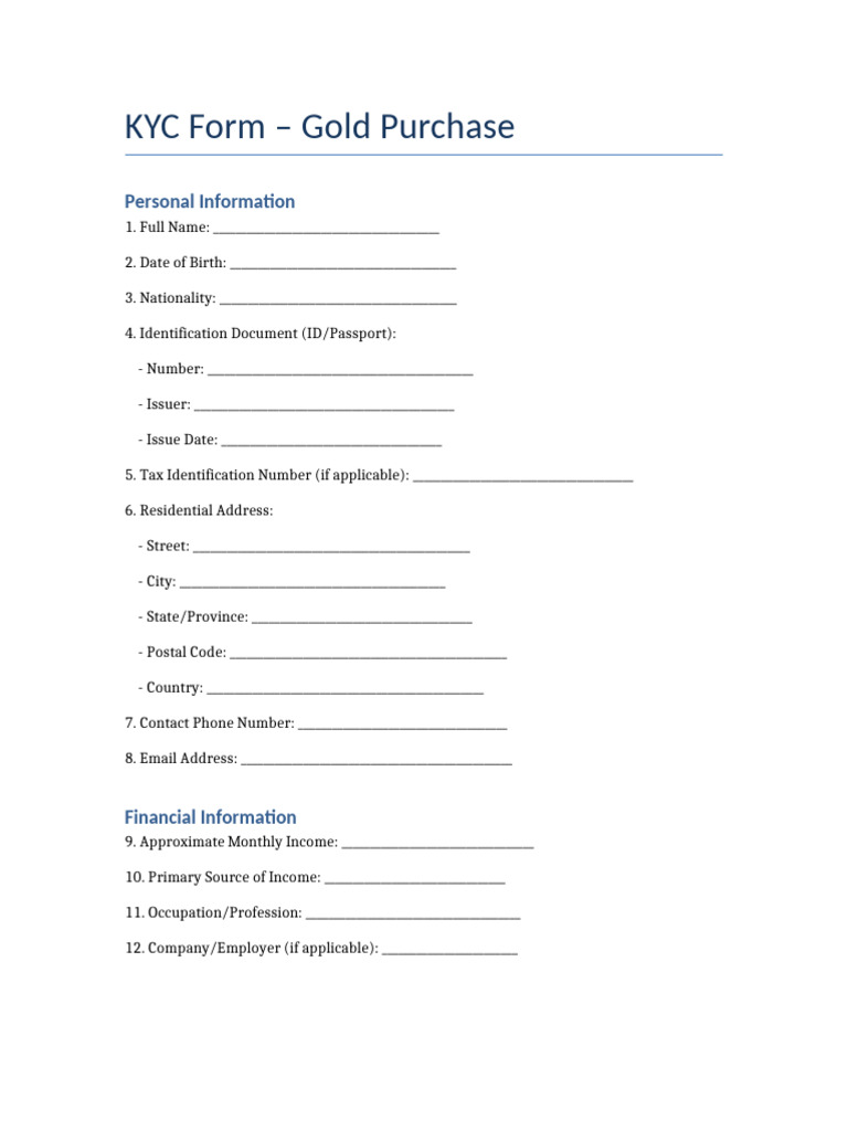 KYC Form Gold Purchase | PDF