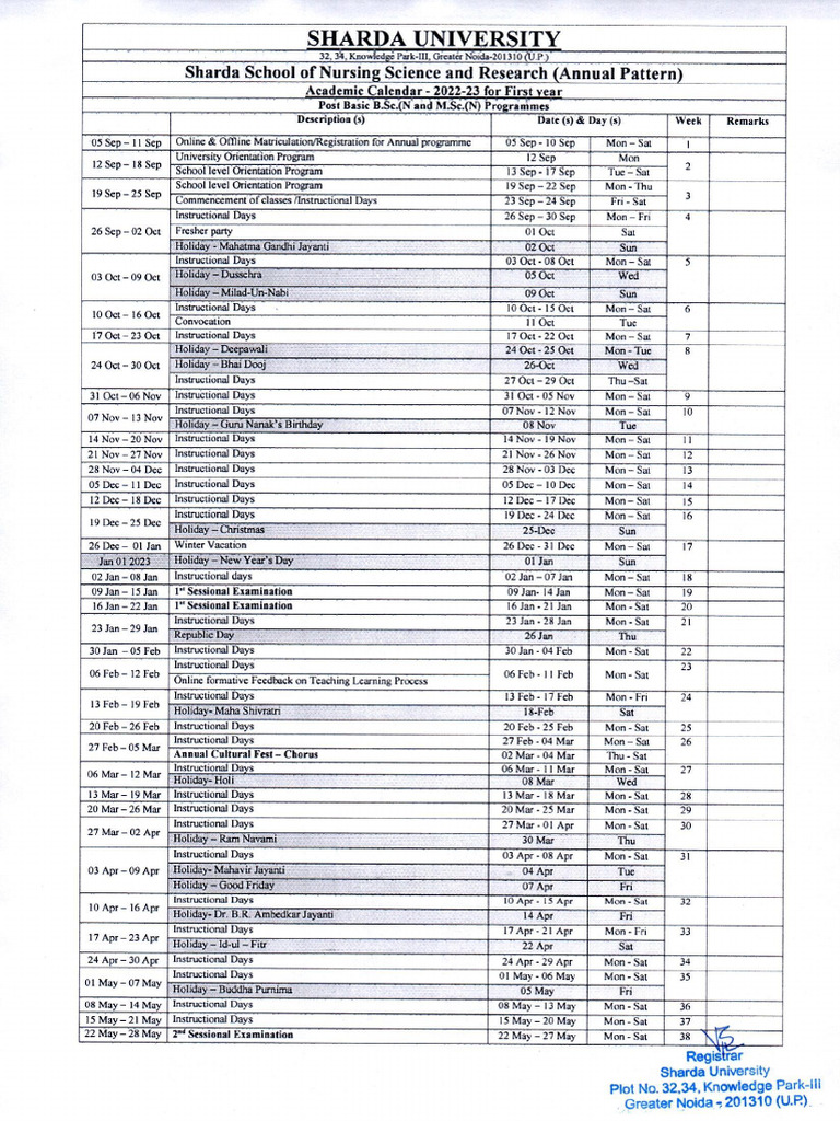 Academic Calendar - 2022-23 For First Year SSNSR (Annual Pattern) | PDF