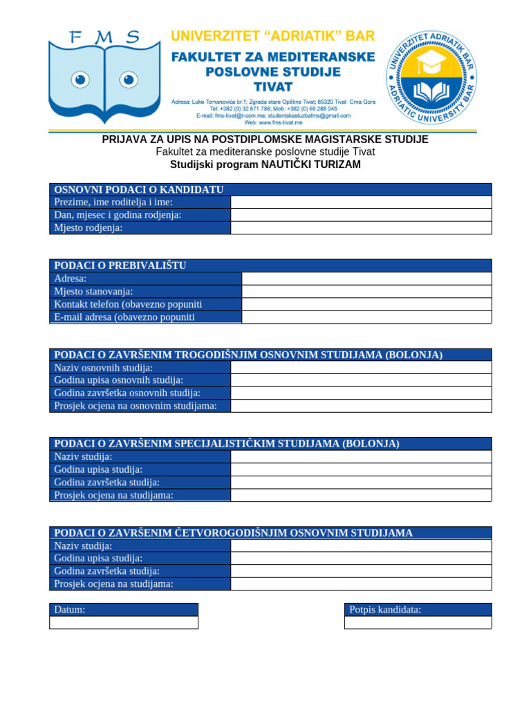 FMS Formular Upis 5god 2020 | PDF