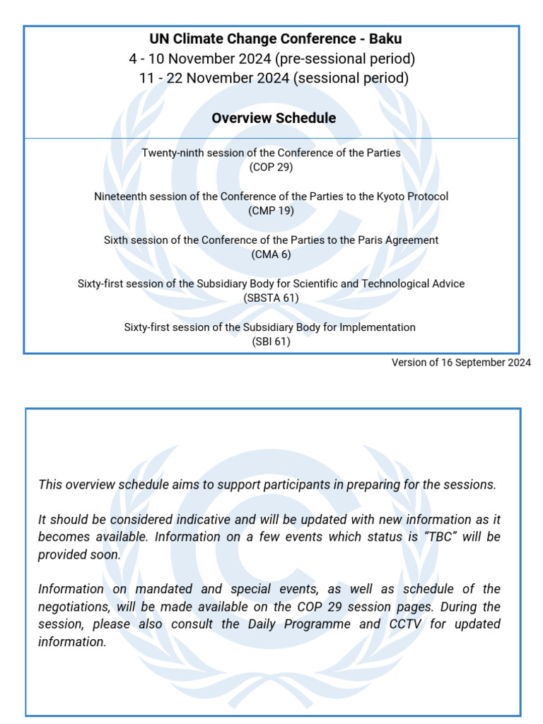 COP29 Overview Schedule | PDF