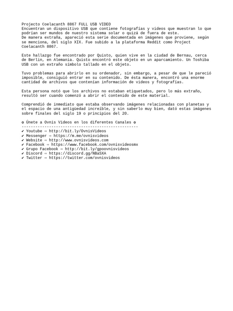 Proyecto Coelacanth 8867 Official Video USB FULL (Descripción) | PDF