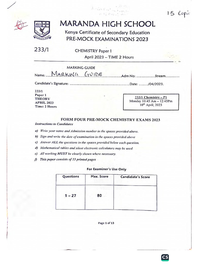 2023 Maranda Pre-Mock CHEM Paper 1 Marking Scheme | PDF 2023 Maranda Pre-Mock CHEM Paper 1 Marking Scheme | PDF