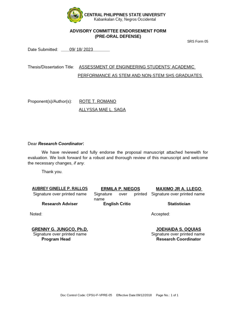 SRS Form-05-Advisory Comm Endorse Pre-Oral - EDITED | PDF