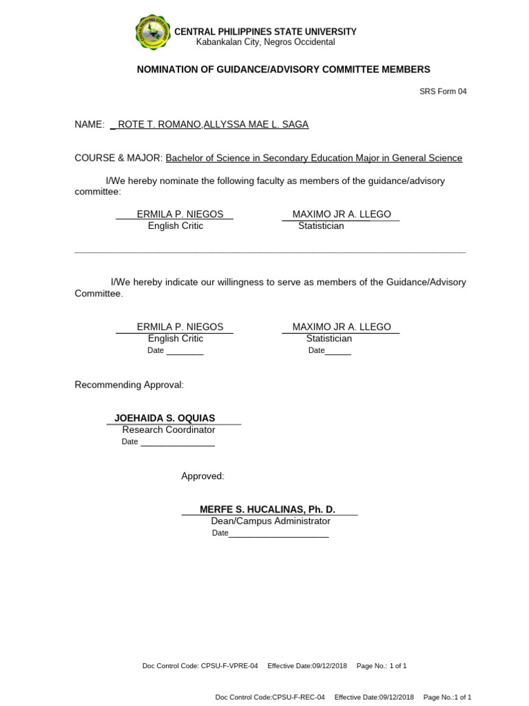 SRS Form-04 Nomination of Guidance Comm-EDITED | PDF | Business