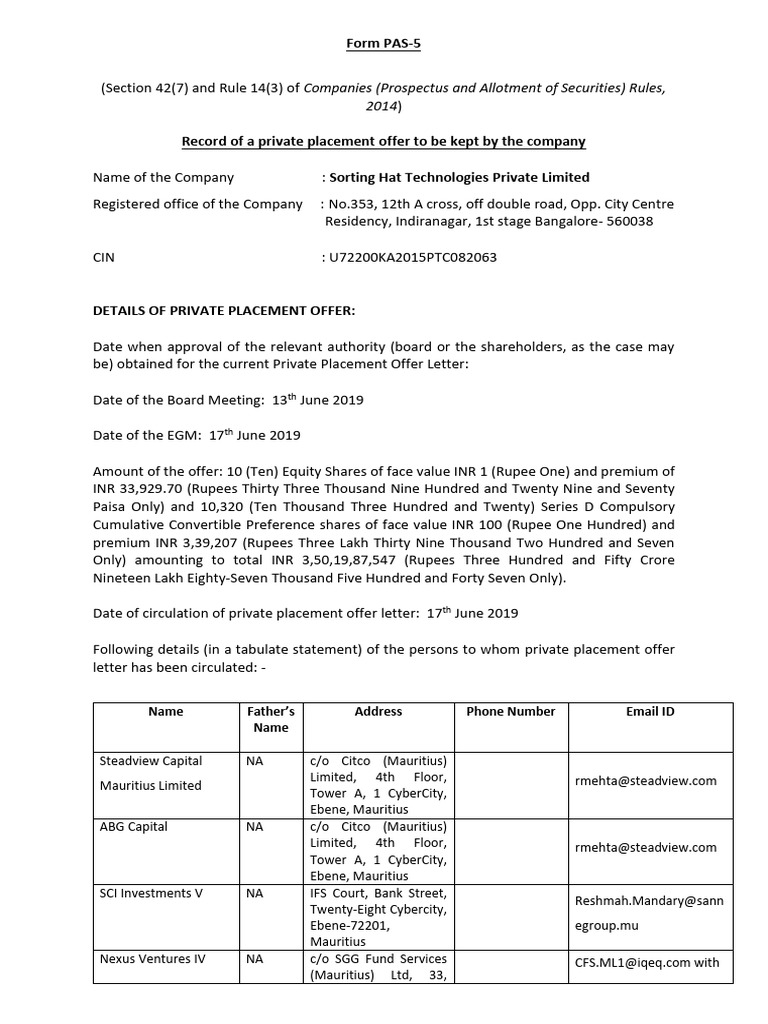 Complete Record of Private Placement Offers and Acceptances in Form PAS-5 - 07-2019 | PDF