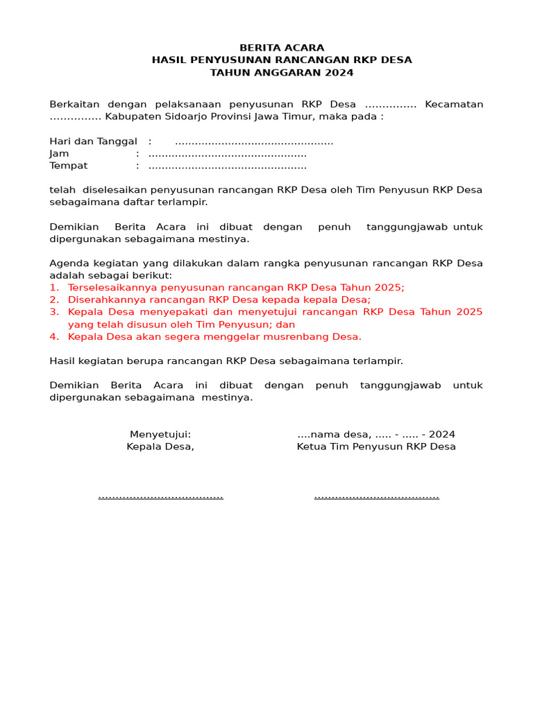 Berita Acara Hasil Penyusunan Rancangan RKP Desa | PDF