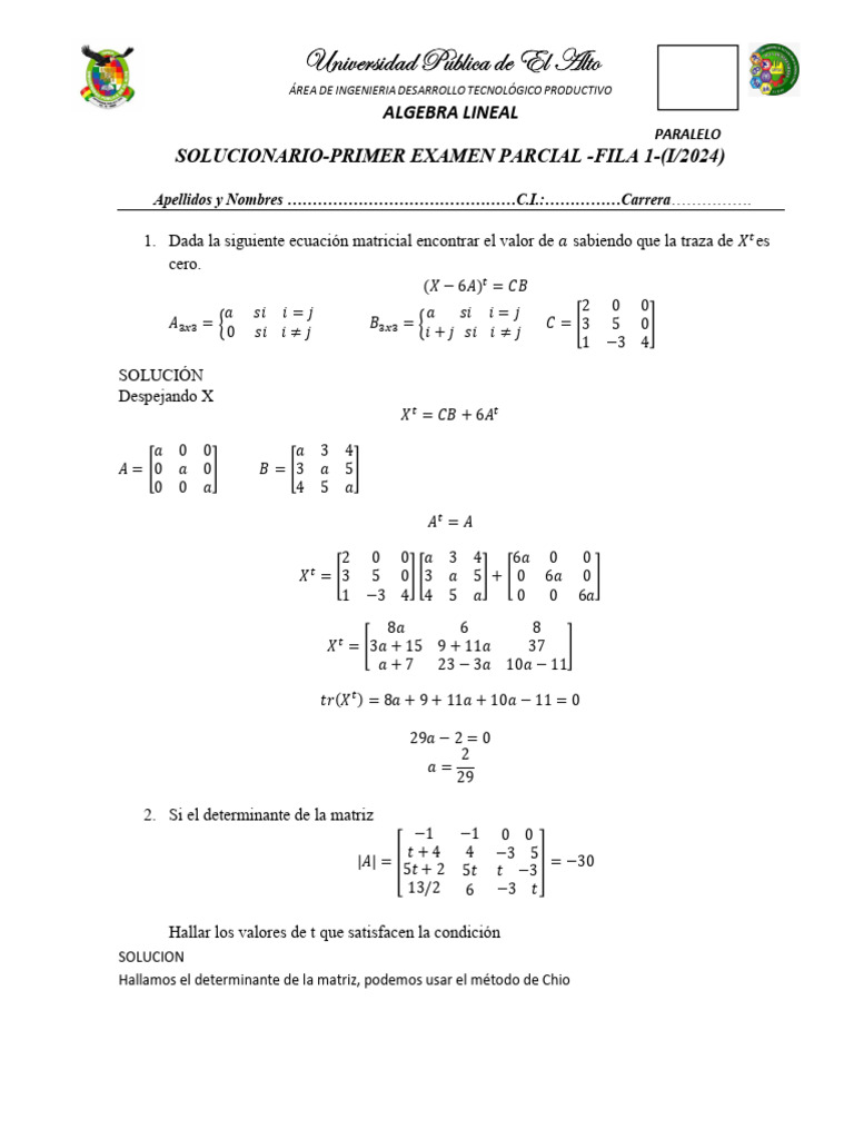 Solucionario Fila 1 - Primer Parcial Algebra Lineal - I-2024 | PDF