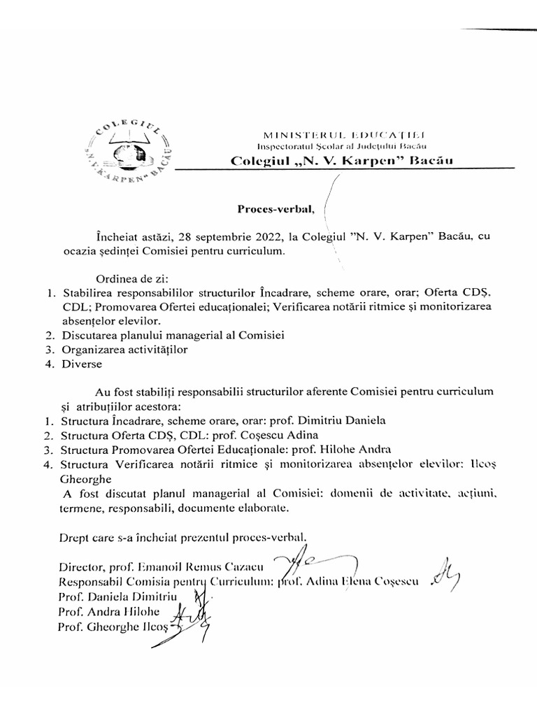 Process-Verbal Comisie Curriculum | PDF