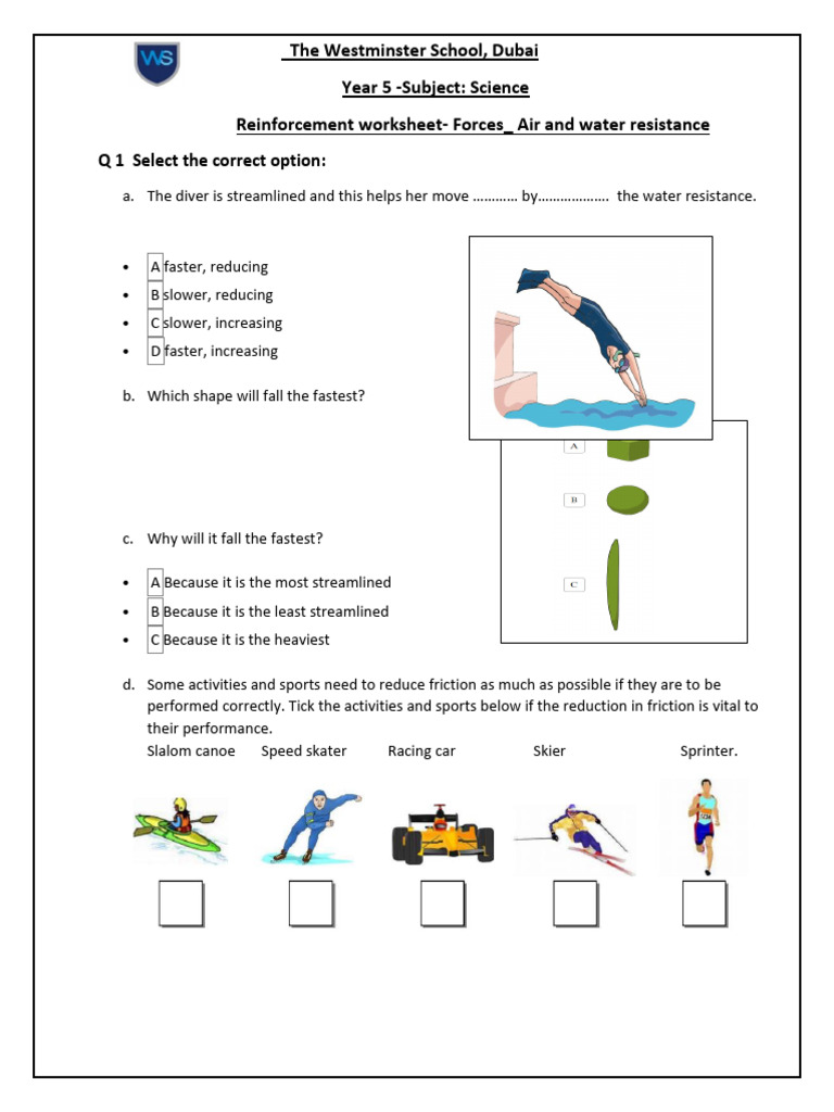 Air and Water Resistance Worksheet | PDF