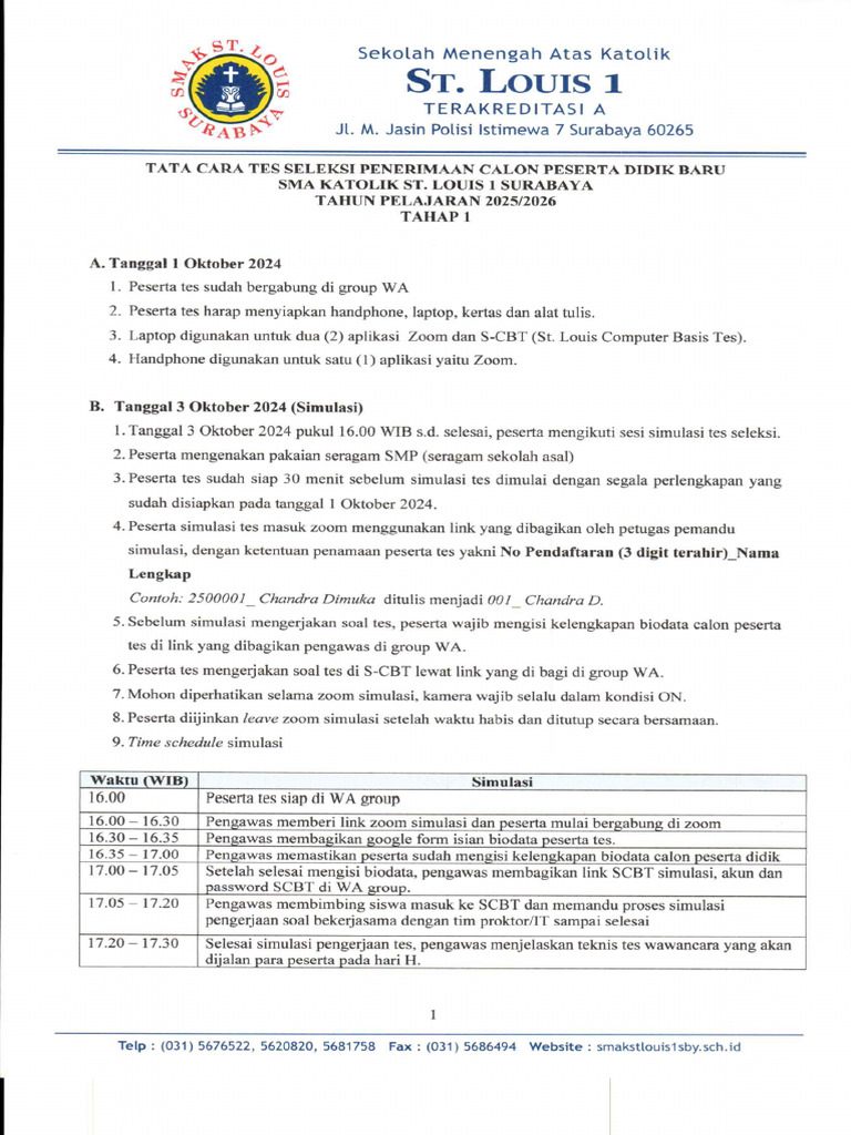 Tahapan Pelaksanaan Tes Seleksi PCPDB SMAK St. Louis 1 2025-2026 | PDF