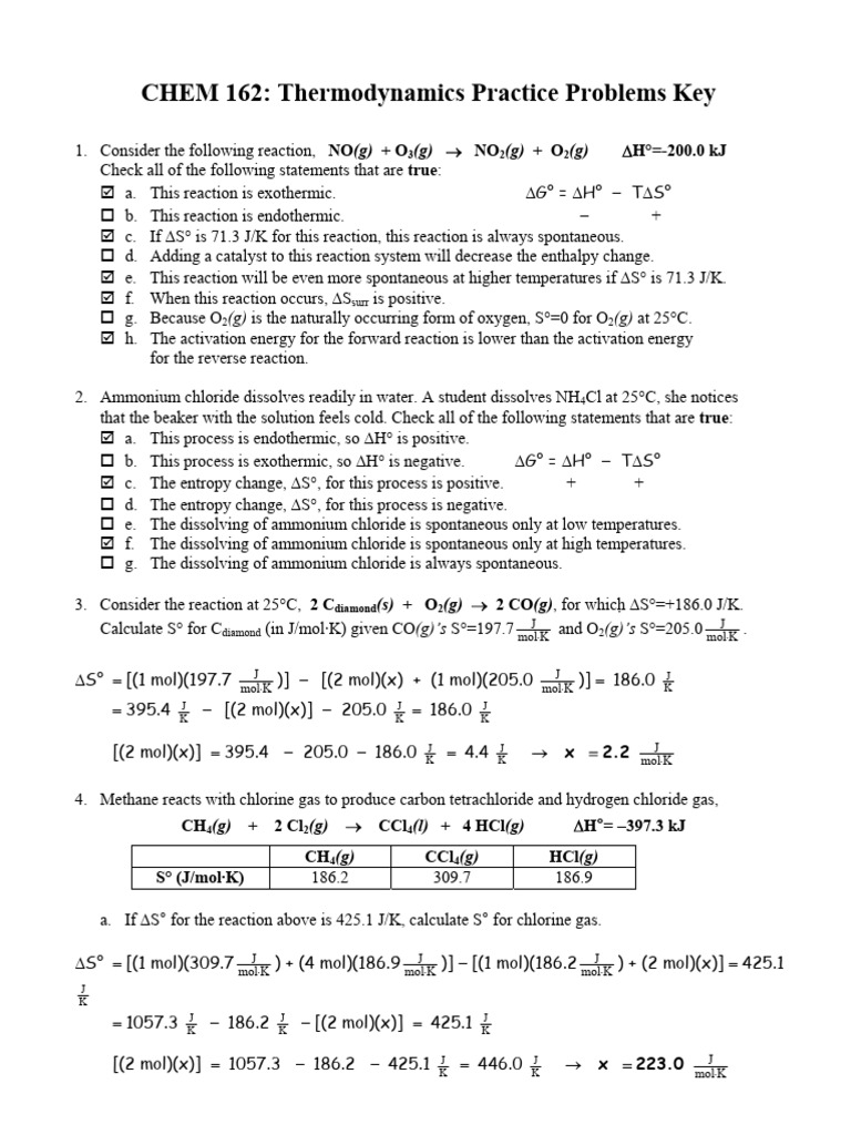 CHEM 162: Thermodynamics Practice Problems Key: NO + O NO + O H° - 200. ...
