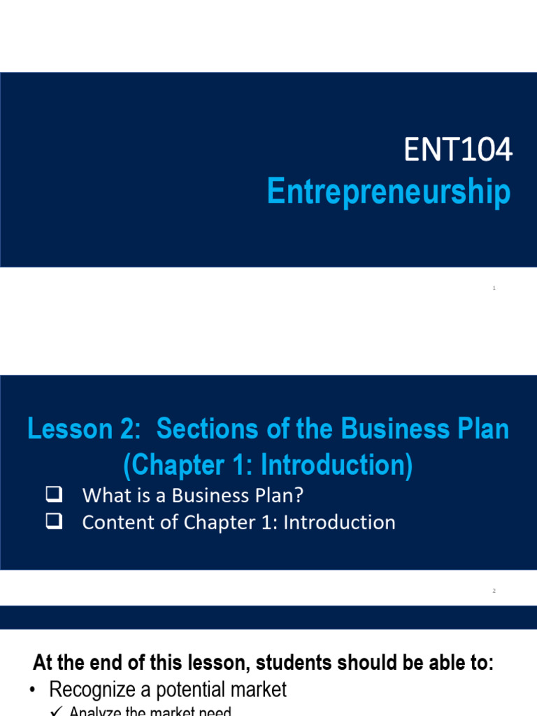 Lesson 2 - Sections of The Business Plan (Chapter 1 - Introduction ...