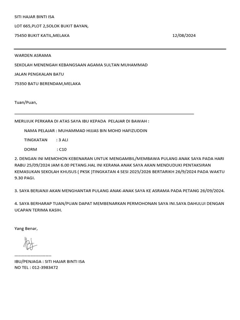 Surat Cuti Hijjas PKSK | PDF