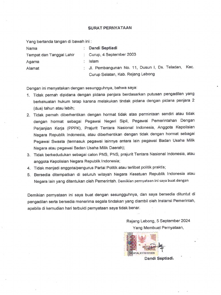 Surat Pernyataan Dandi | PDF