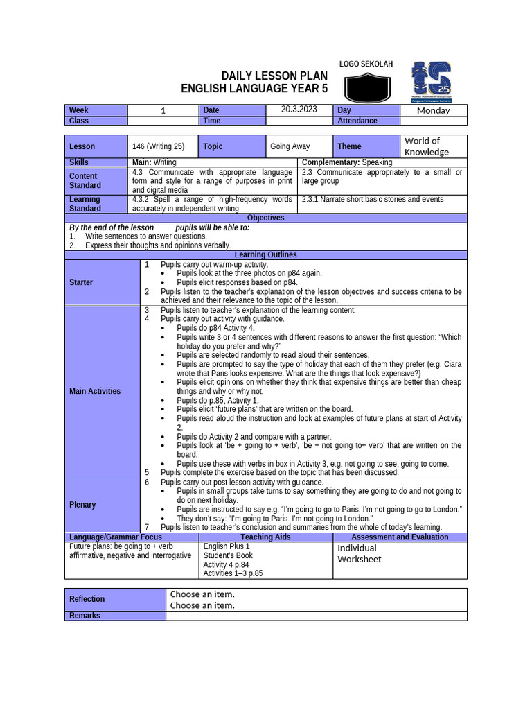 Daily Lesson Plan English Language Year 5: 1 Monday World of Knowledge ...