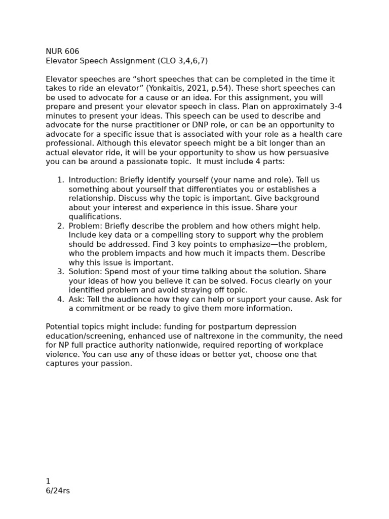 NUR 606 - Elevator Speech Assignment | PDF