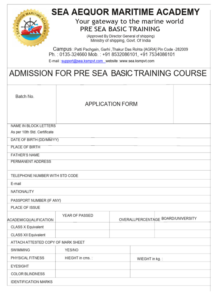 Pre Sea Training Admission Form | PDF