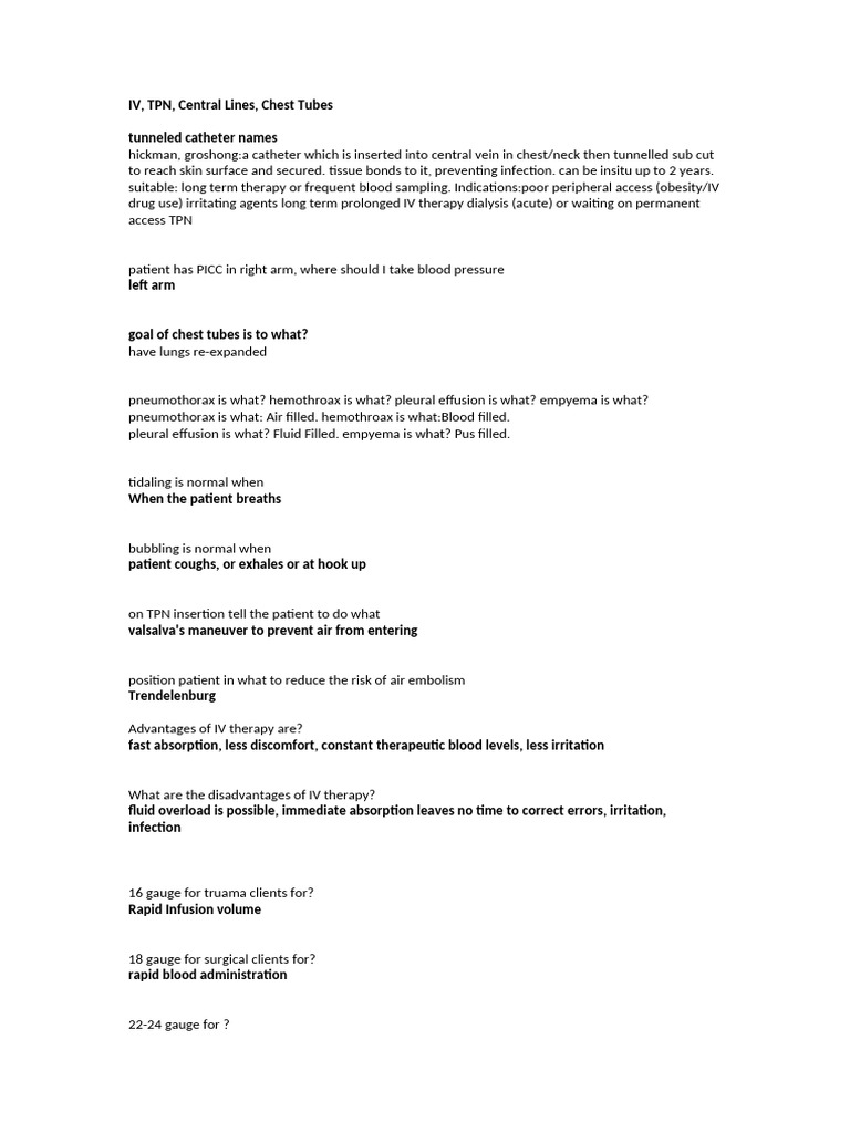 IV, TPN, Central Lines, Chest Tubes NURSING NOTES | PDF | Intravenous ...
