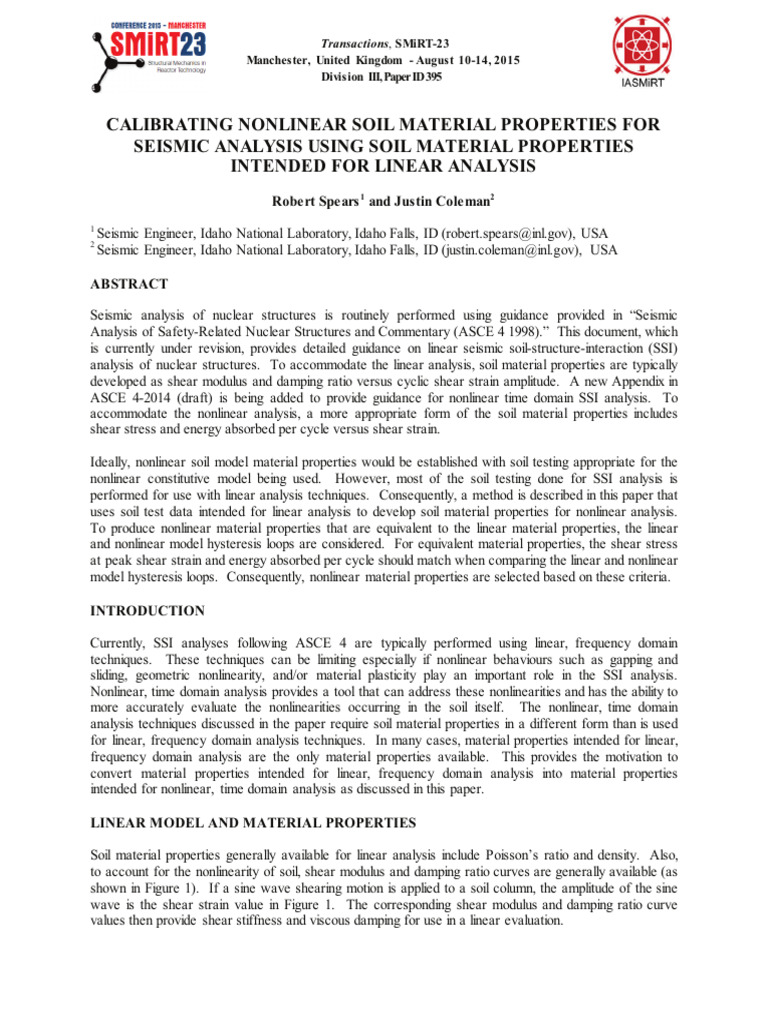 Calibrating Nonlinear Soil Material Properties For Seismic Analysis Using Soil Material ...