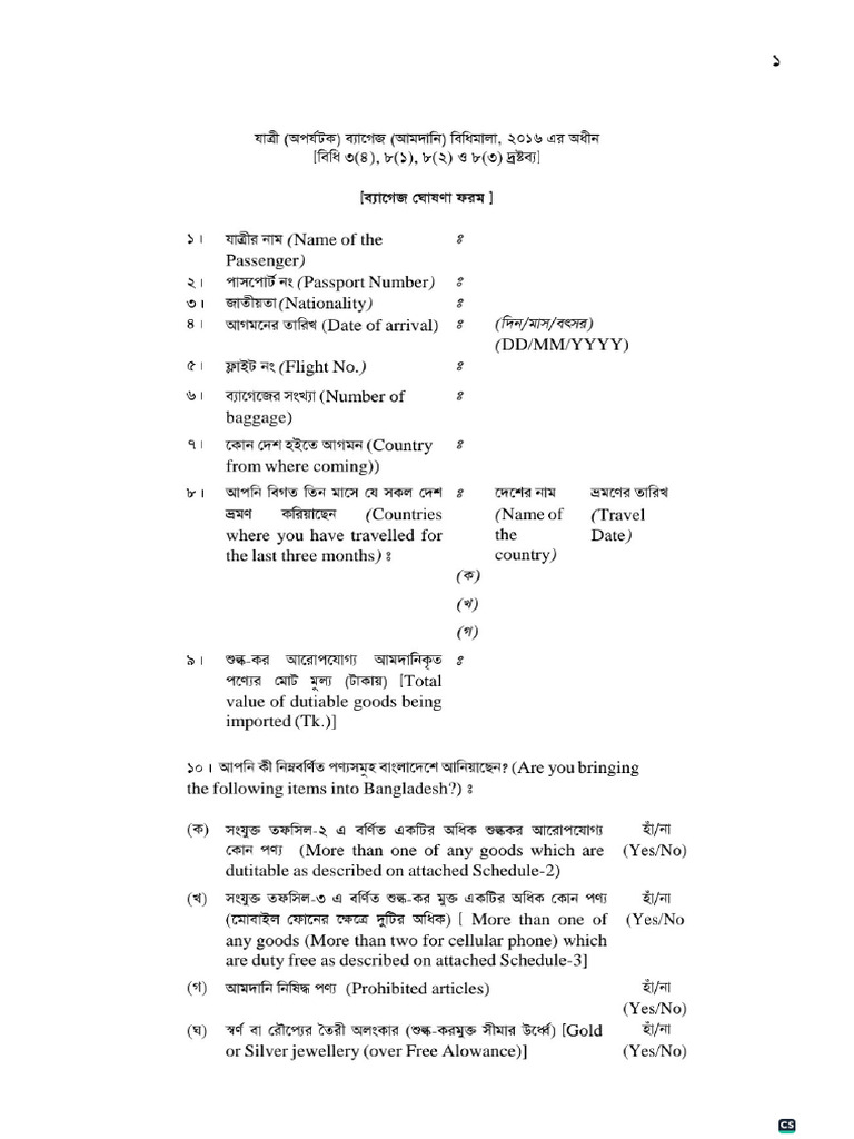 Passenger Baggage Declaration Form | PDF