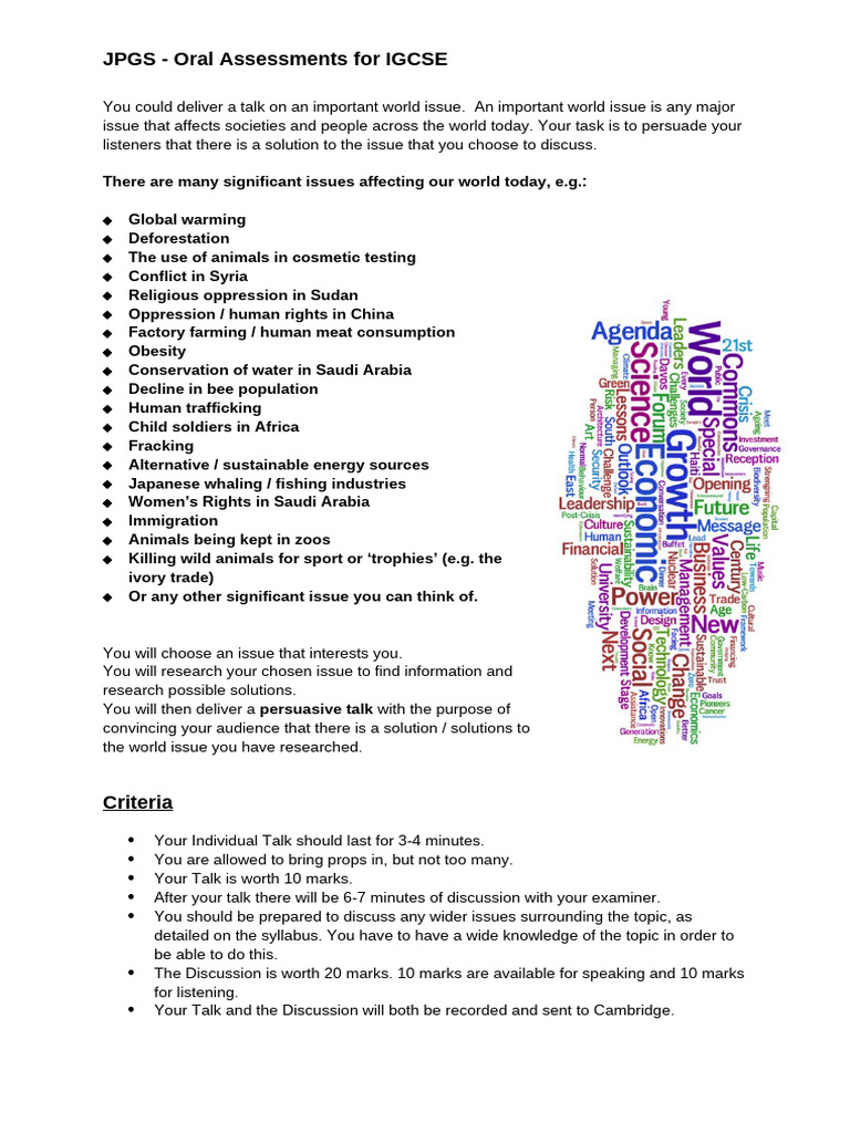 Topics For Individual IGCSE Talks - Important World Issues | PDF