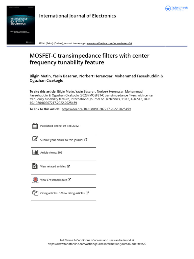 MOSFET-C Transimpedance Filters With Center Frequency Tunability ...