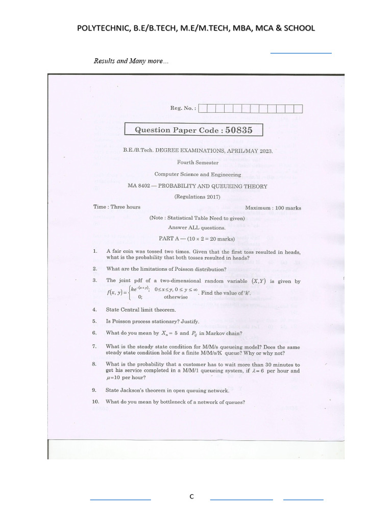 MA 8402 Probability and Queueing Theory | PDF