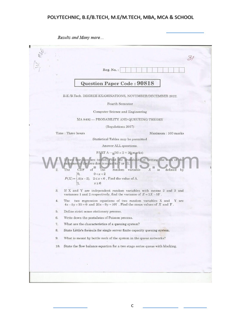 MA 8402 Probability and Queueing Theory Previous Question Paper | PDF