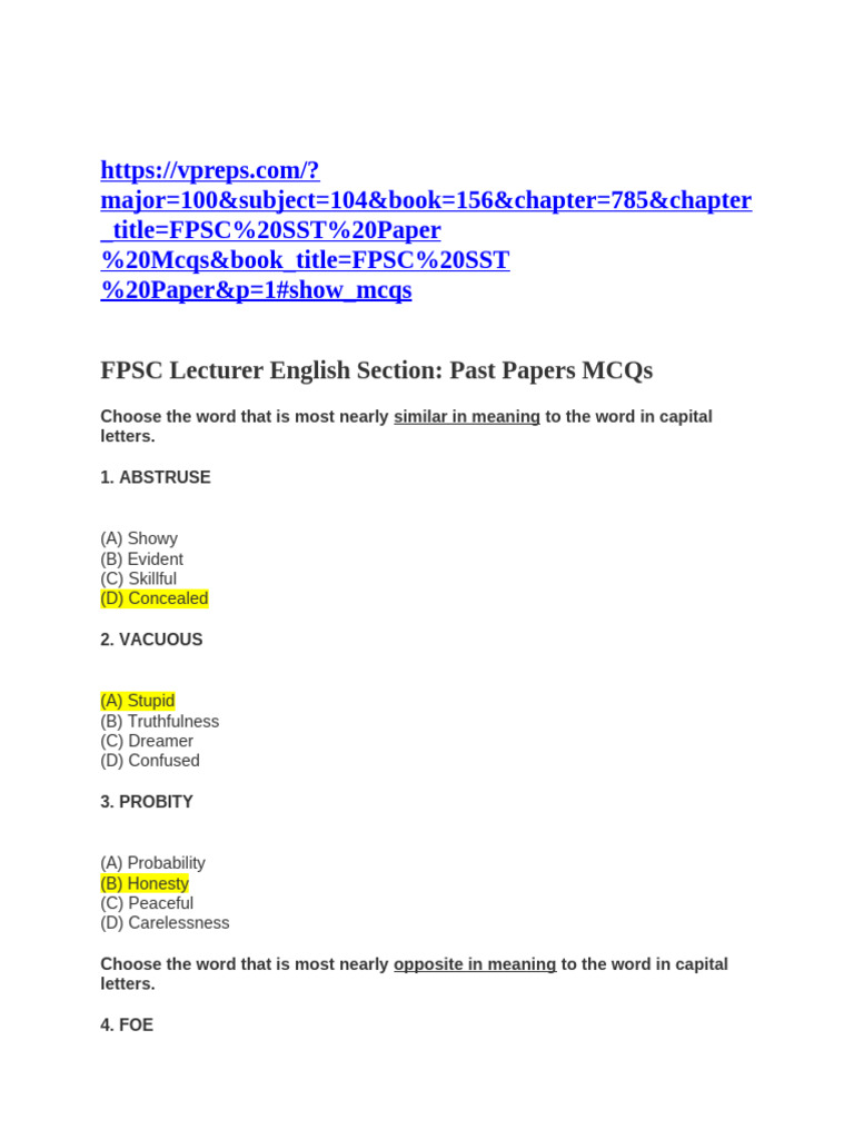 Mcqs For Test English | PDF