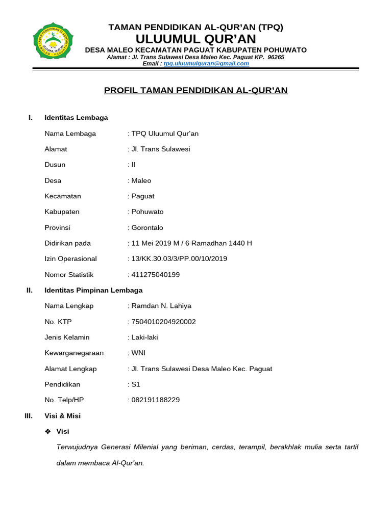 Profil TPQ Uluumul Qur'an | PDF