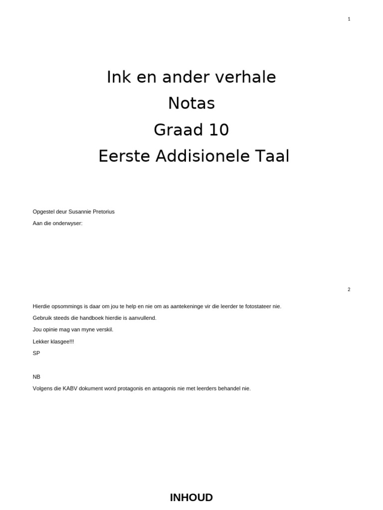 2022 Ink en Ander Verhale Notas Gr.10 Kortverhale | PDF