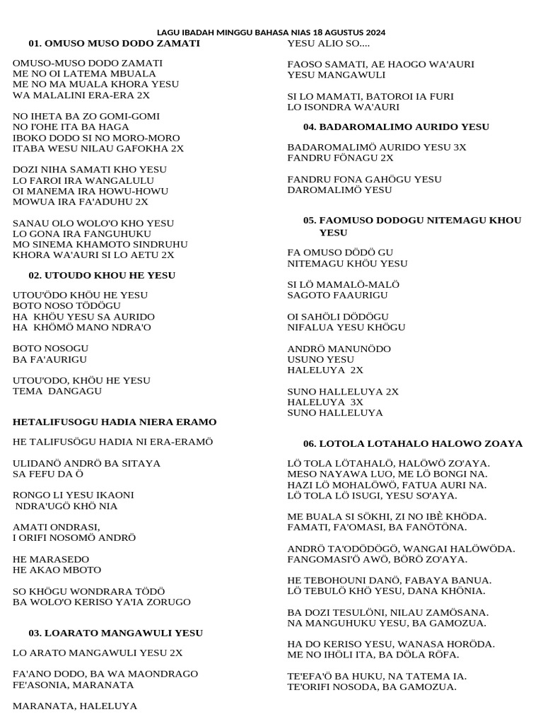 Lirik Lagu Ibadah Nias 18 Agustus | PDF | Self-Improvement